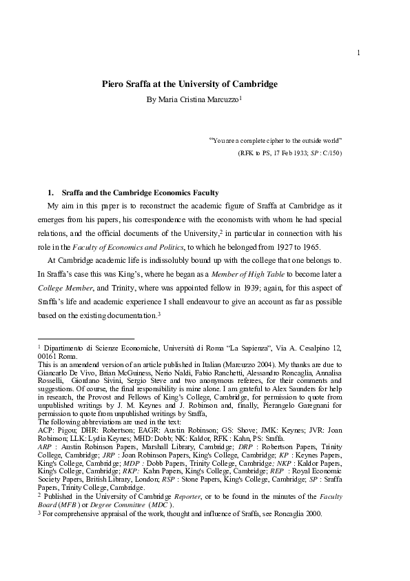 (PDF) Piero Sraffa at the university of Cambridge