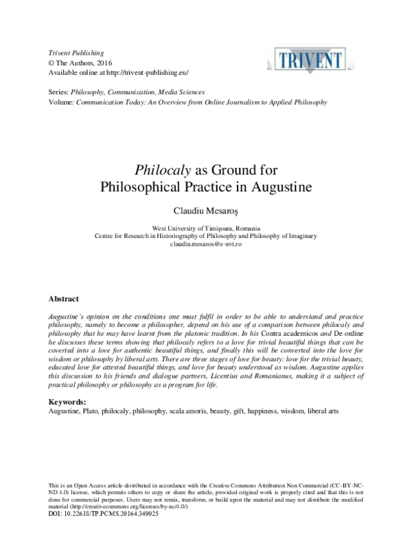 (PDF) Philocaly as Ground for Philosophical Practice in Augustine