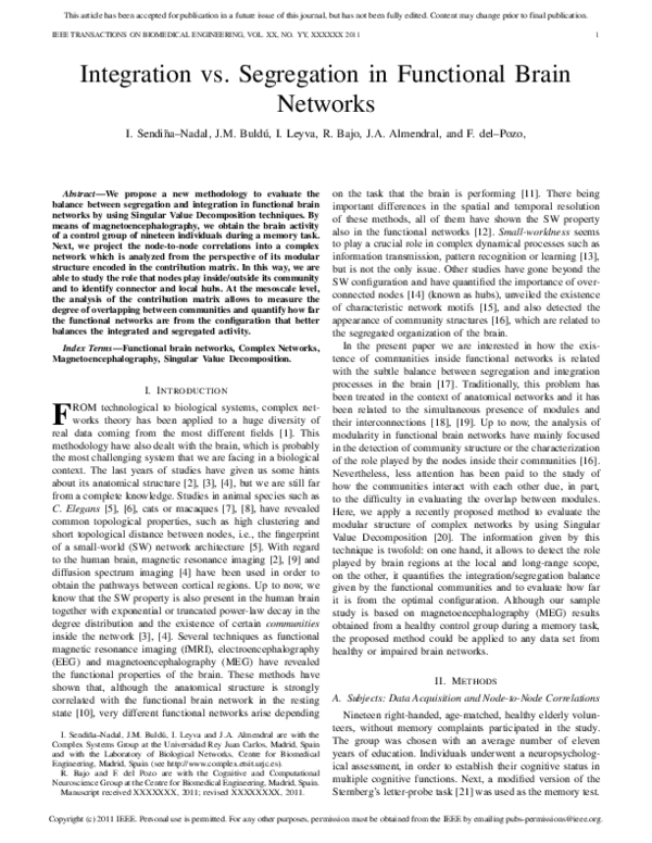 (PDF) Integration Versus Segregation in Functional Brain Networks