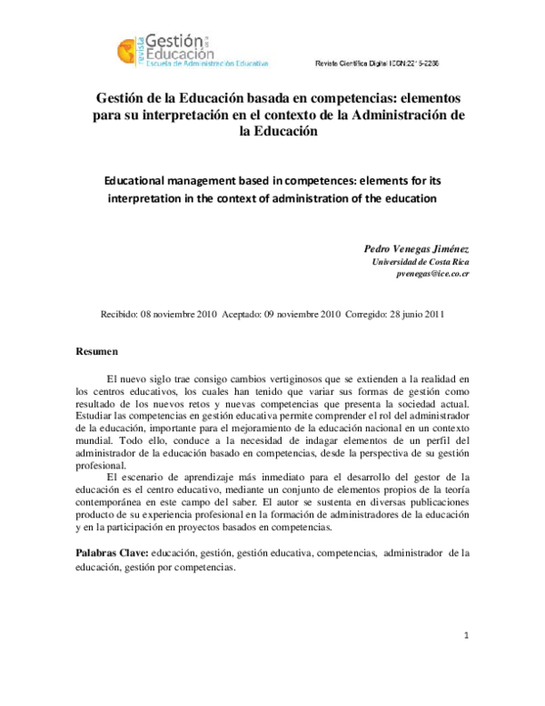 (PDF) Gestión de la Educación basada en competencias: elementos para su interpretación en el ...