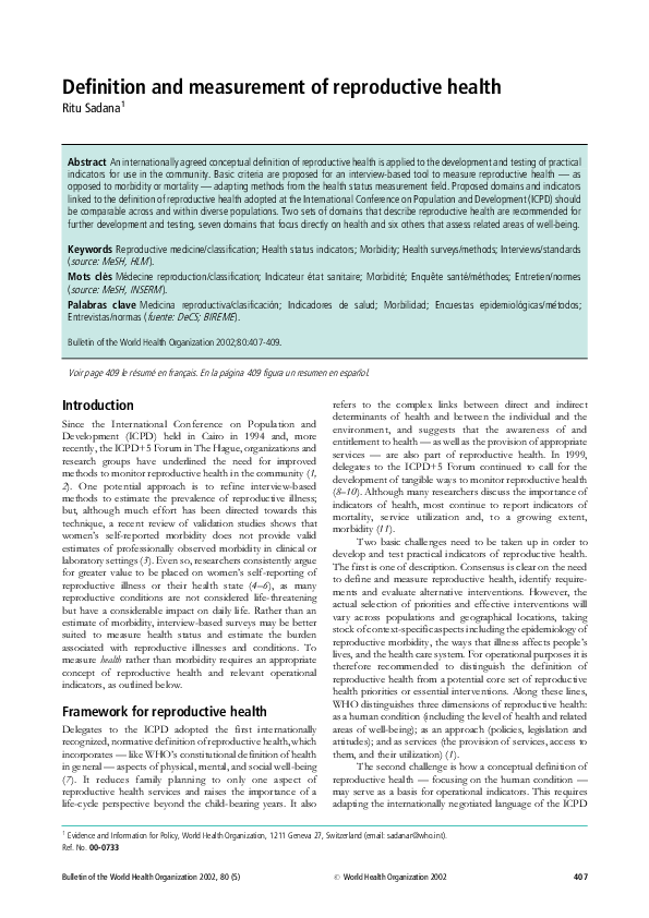 (PDF) Definition and measurement of reproductive health