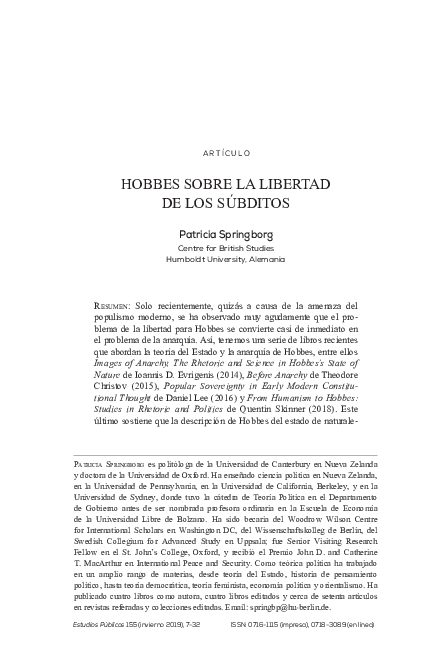 (PDF) Hobbes sobre la libertad de los súbditos | Patricia Springborg ...