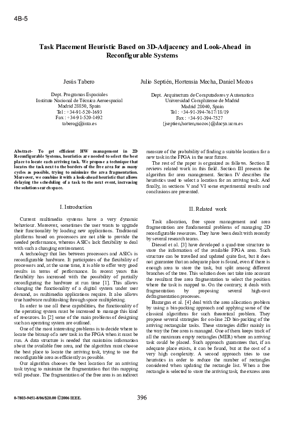 (PDF) Task placement heuristic based on 3d-adjacency and look-ahead in reconfigurable systems