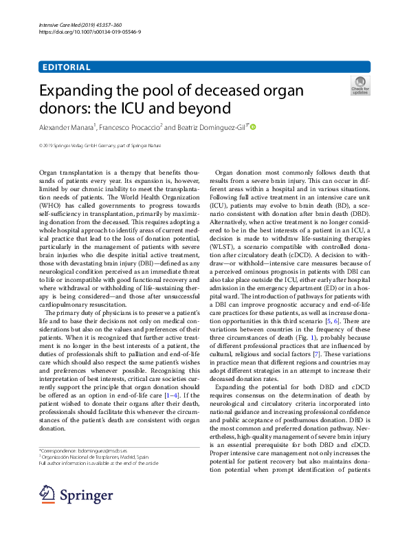 (PDF) Expanding the pool of deceased organ donors: the ICU and beyond