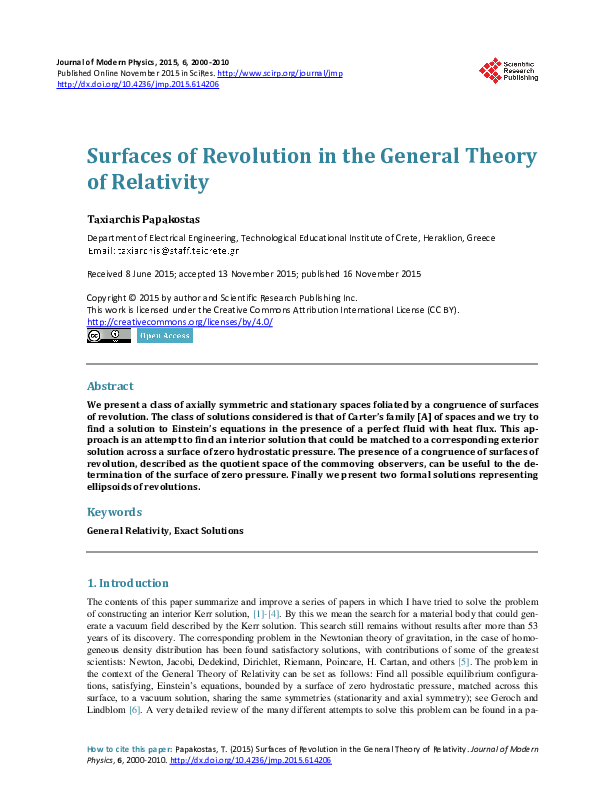 (PDF) Surfaces of Revolution in the General Theory of Relativity