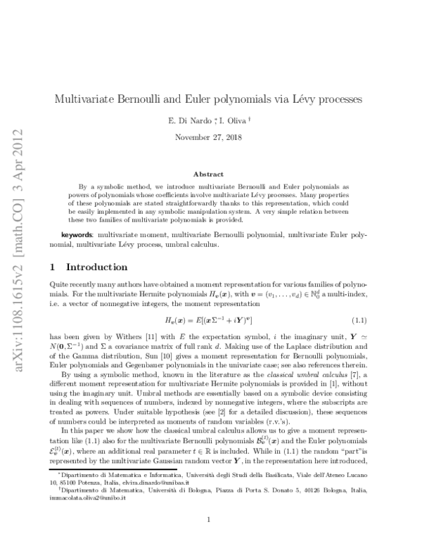 (PDF) Multivariate Bernoulli and Euler polynomials via Lévy processes