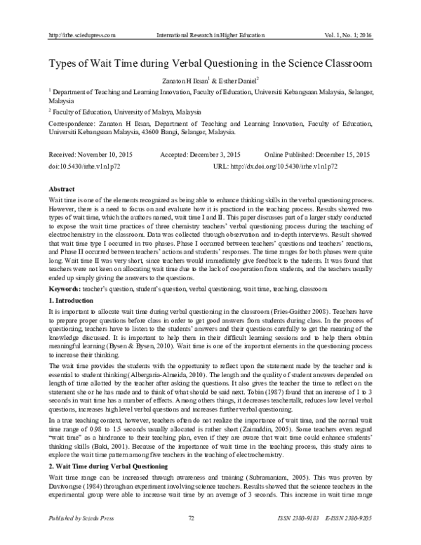 (PDF) Types of Wait Time during Verbal Questioning in the Science Classroom
