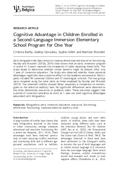 (PDF) Cognitive Advantage in Children Enrolled in a Second-Language ...