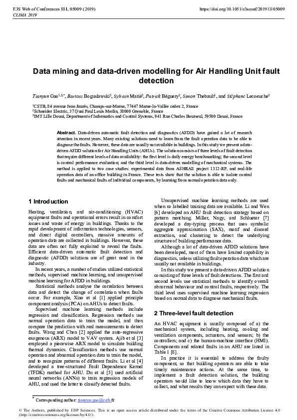 Pdf Data Mining And Data Driven Modelling For Air Handling Unit Fault Detection
