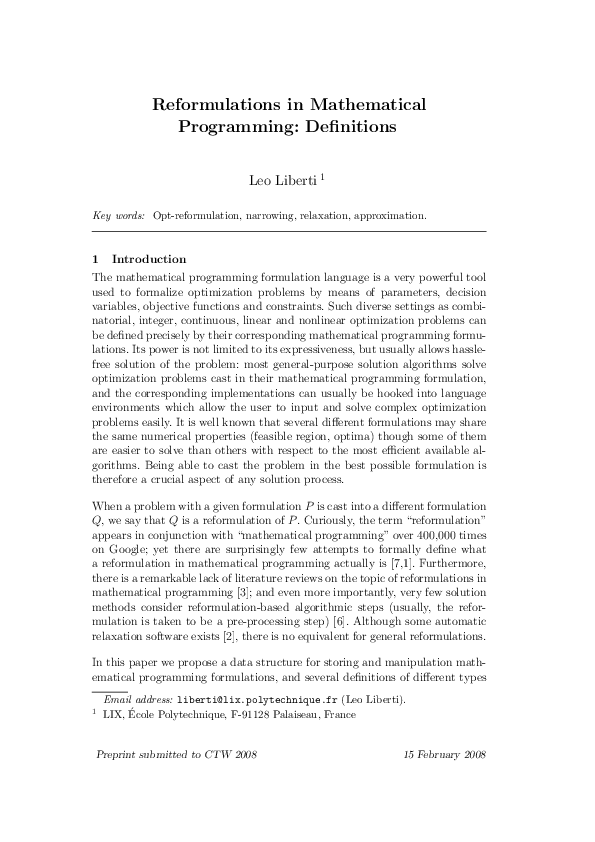 (PDF) Reformulations in mathematical programming: Definitions