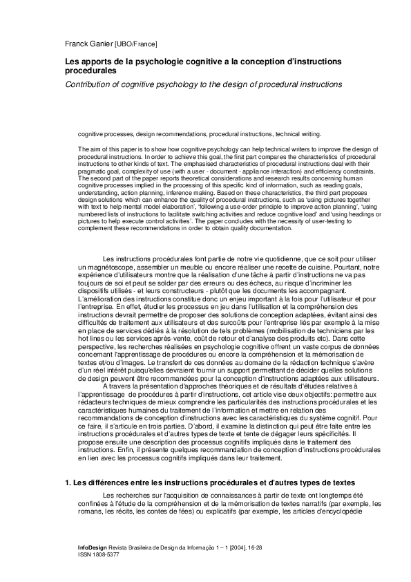 (PDF) Les apports de la psychologie cognitive à la conception d'instructions procédurales