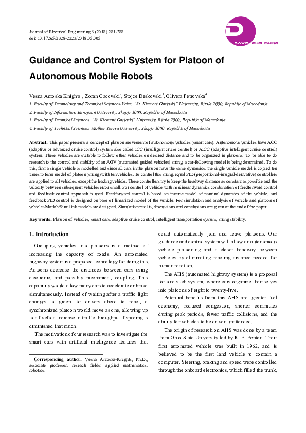 (PDF) Guidance and Control System for Platoon of Autonomous Mobile Robots