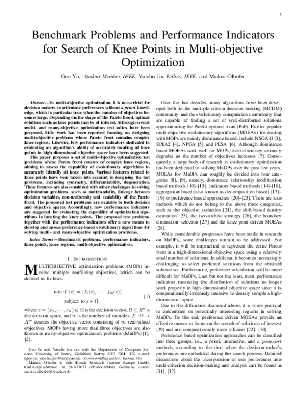 (PDF) Benchmark Problems and Performance Indicators for Search of Knee Points in Multiobjective ...