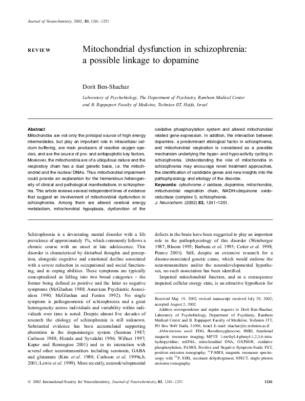 (PDF) Mitochondrial Dysfunction and Dopamine in Schizophrenia