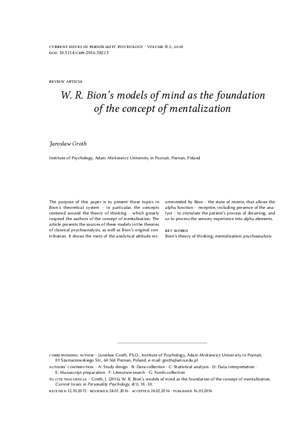 (PDF) W. R. Bion’s models of mind as the foundation of the concept of ...