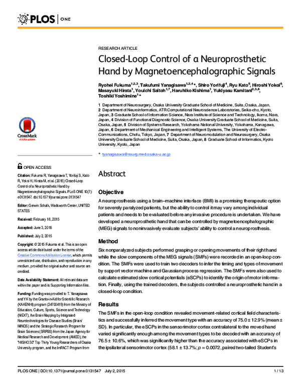 (PDF) Closed-Loop Control of a Neuroprosthetic Hand by Magnetoencephalographic Signals