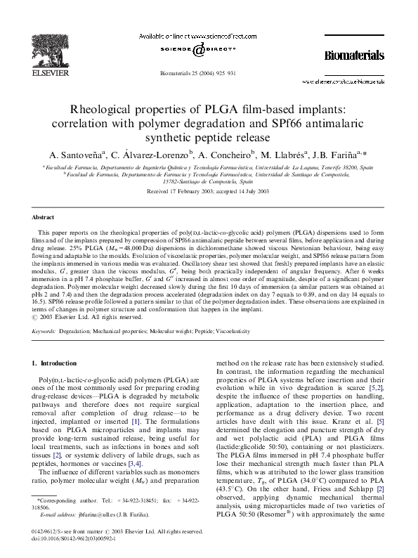 (PDF) Rheological properties of PLGA film-based implants: correlation ...
