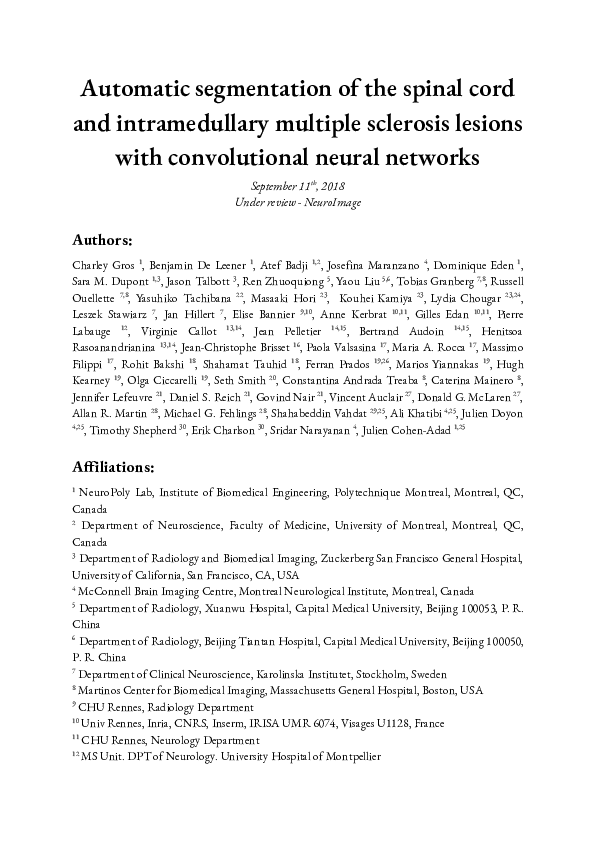 Pdf Automatic Segmentation Of The Spinal Cord And Intramedullary Multiple Sclerosis Lesions