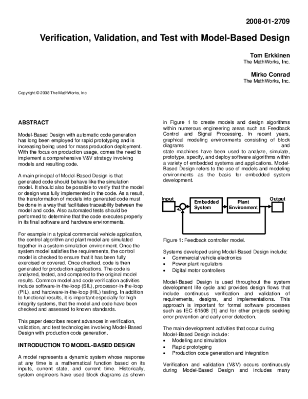Pdf Verification Validation And Test With Model Based Design