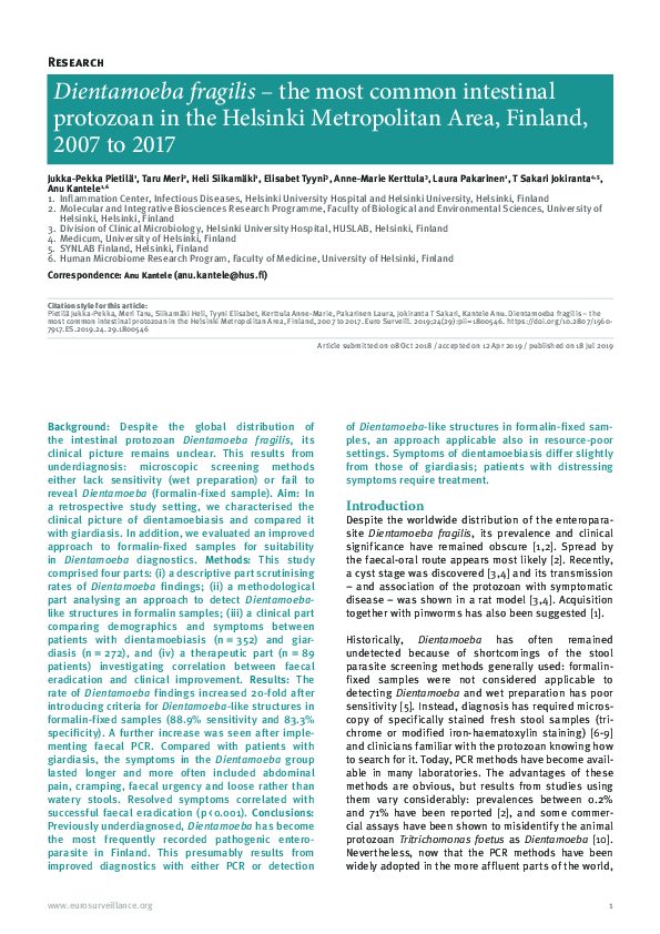 (PDF) Dientamoeba fragilis – the most common intestinal protozoan in ...