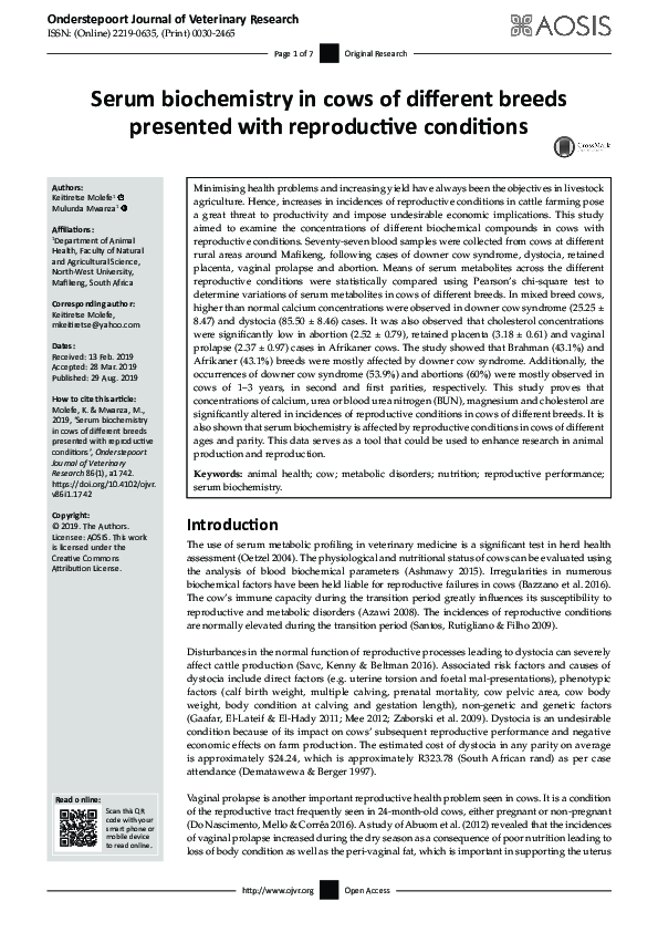 (PDF) Serum biochemistry in cows of different breeds presented with ...