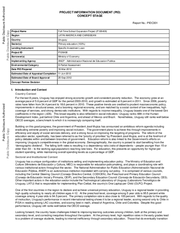 (PDF) Project Information Document (Concept Stage) - Full-Time School ...