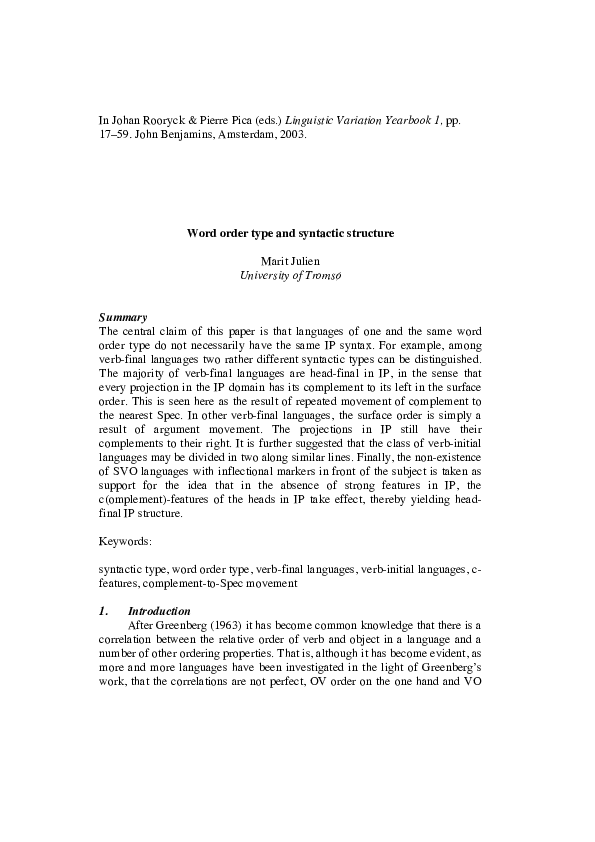 Pdf Word Order Type And Syntactic Structure
