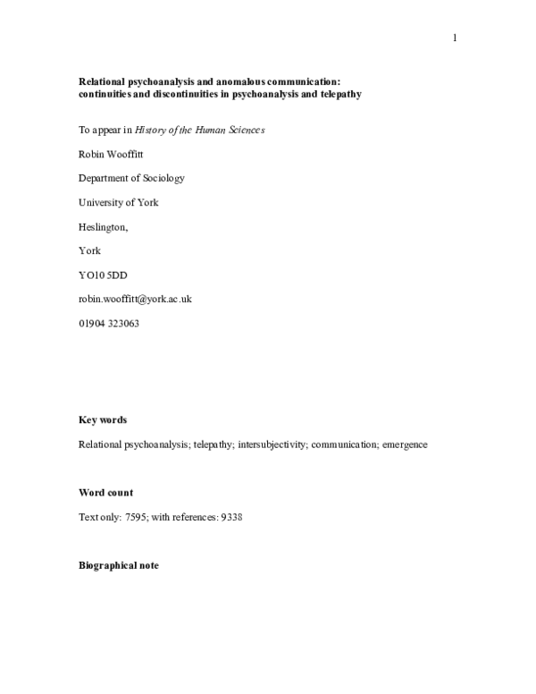 (DOC) Relational psychoanalysis and anomalous communication