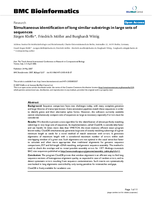 Pdf Simultaneous Identification Of Long Similar Substrings In Large Sets Of Sequences