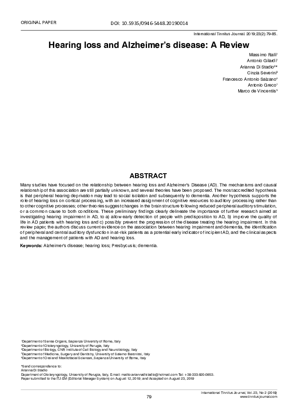(PDF) Hearing loss and Alzheimer?s disease: A Review