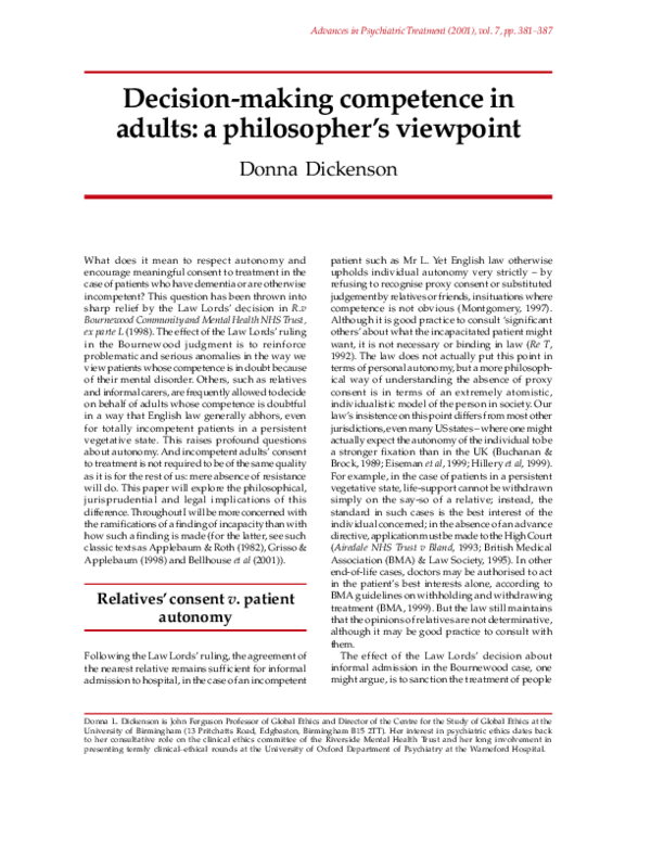 (PDF) Decision-making competence in adults: a philosopher's viewpoint
