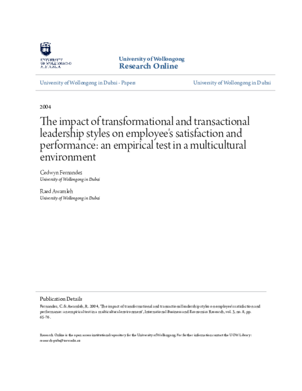 (PDF) The Impact Of Transformational And Transactional Leadership Styles On Employees ...