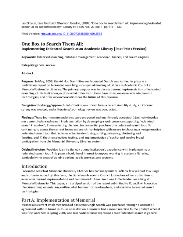 (PDF) One box to search them all: Implementing federated search at an ...