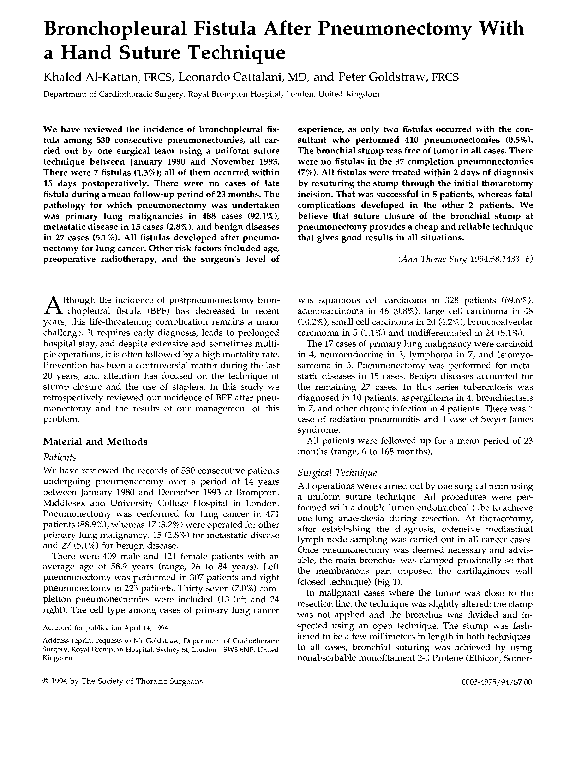 (PDF) Bronchopleural fistula after pneumonectomy with a hand suture ...