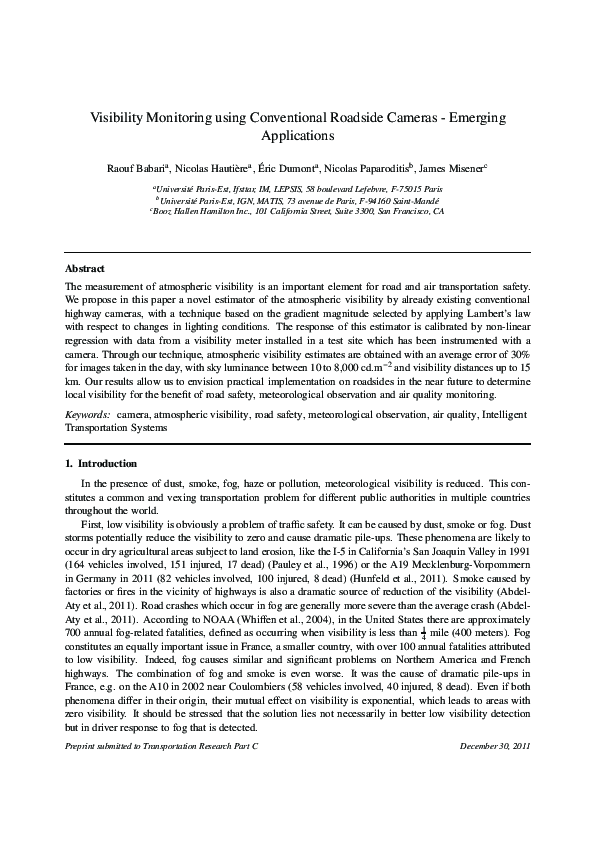 (PDF) Visibility Monitoring Using Conventional Roadside Cameras ...