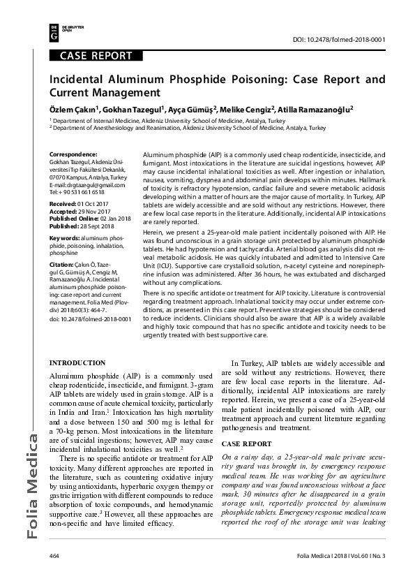 (PDF) Incidental Aluminum Phosphide Poisoning: Case Report and Current ...
