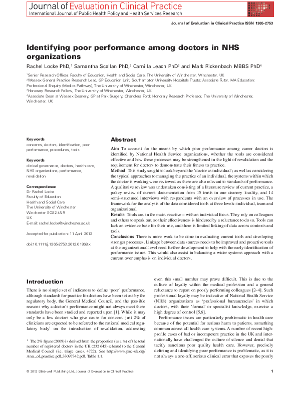 (PDF) Identifying poor performance among doctors in NHS organizations