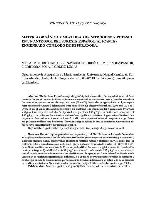 (PDF) Materia orgánica y movilidad de nitrógeno y potasio en un ...