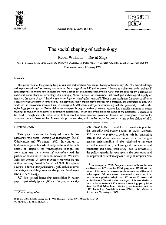 (PDF) Social Shaping of Technology | Robin Williams - Academia.edu