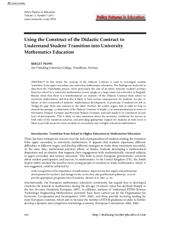 (PDF) Using the Construct of the Didactic Contract to Understand ...