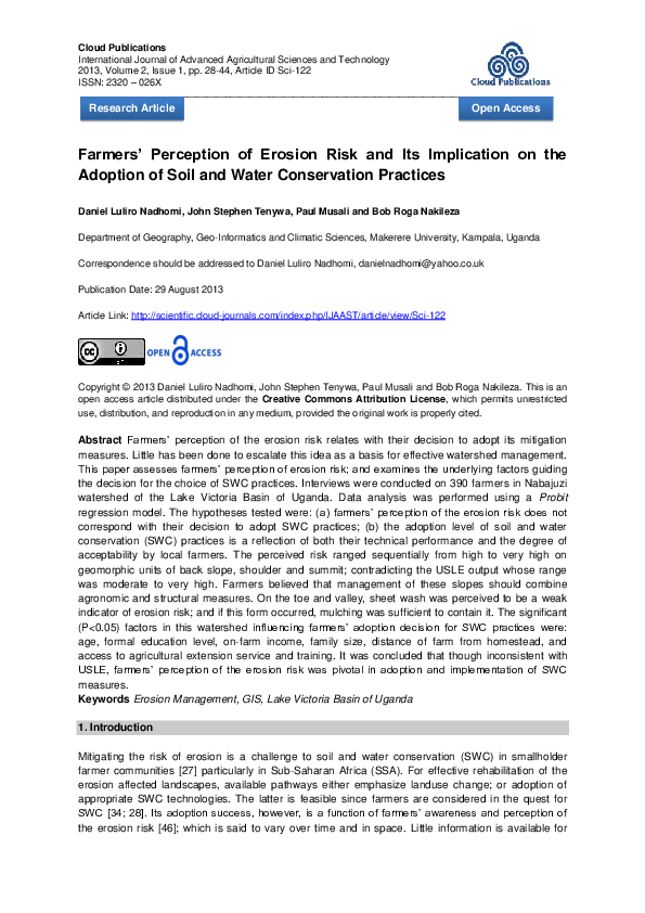 (PDF) Farmers’ Perception of Erosion Risk and Its Implication on the Adoption of Soil and Water ...