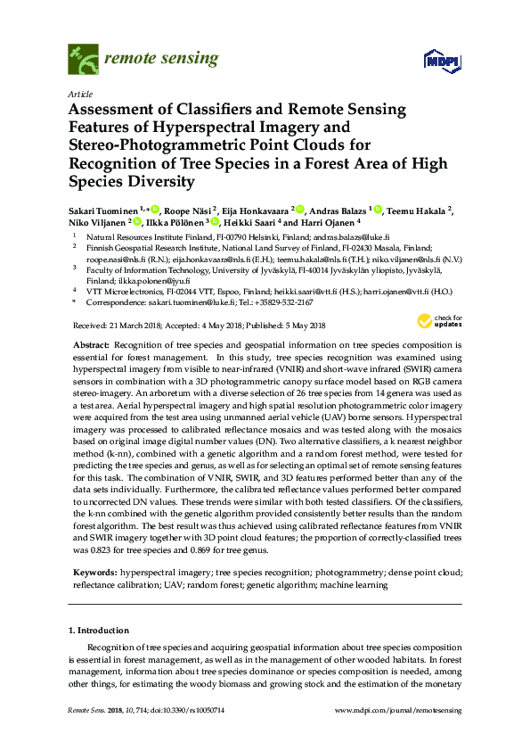 Pdf Tree Species Classification Using Plant Functional Traits From Lidar And Hyperspectral