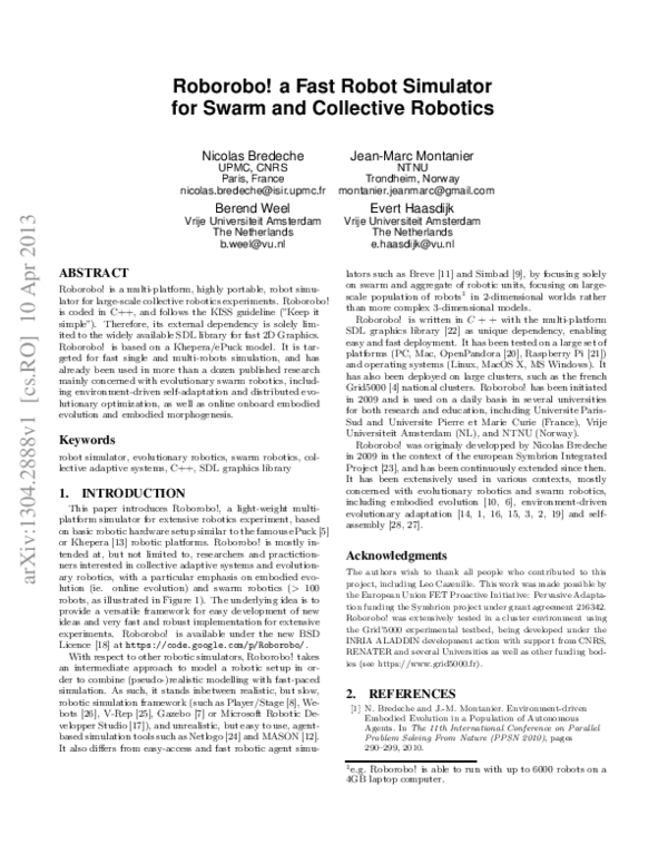 (PDF) Roborobo! a Fast Robot Simulator for Swarm and Collective Robotics