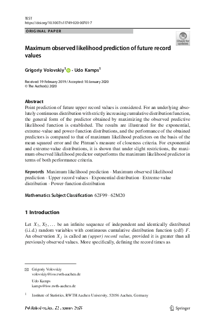 (PDF) Maximum observed likelihood prediction of future record values