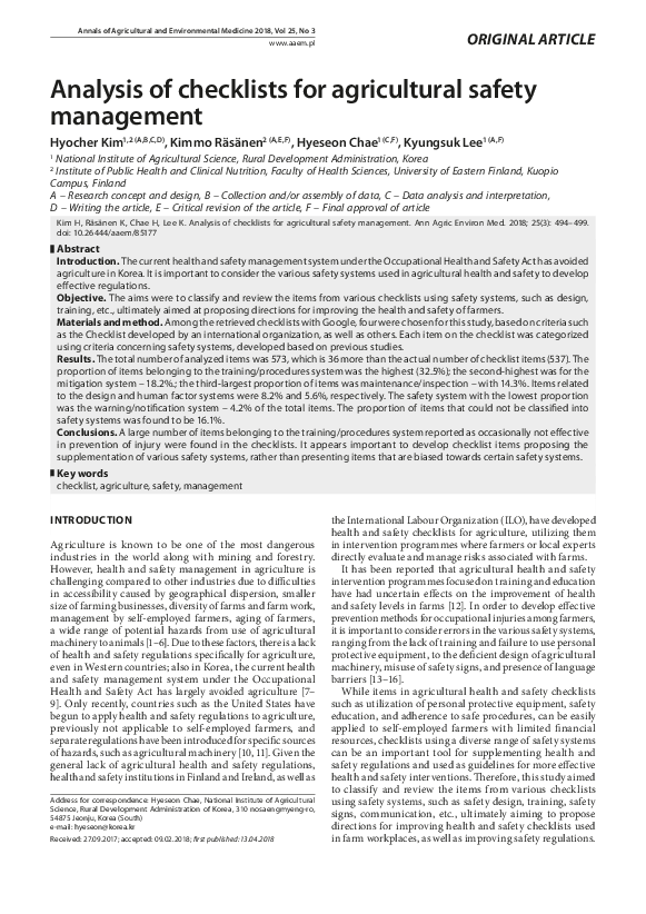 (PDF) Analysis of checklists for agricultural safety management