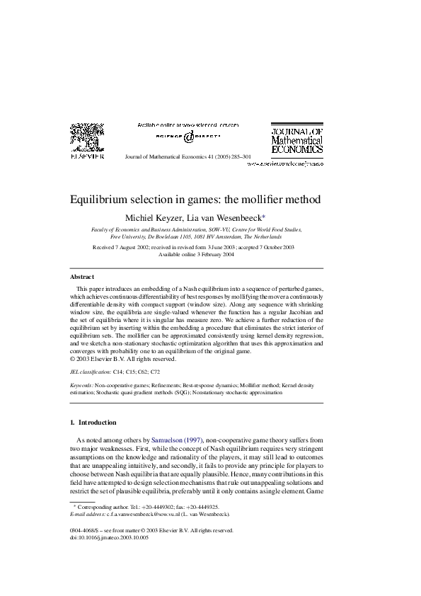 (PDF) Equilibrium selection in games: the mollifier method