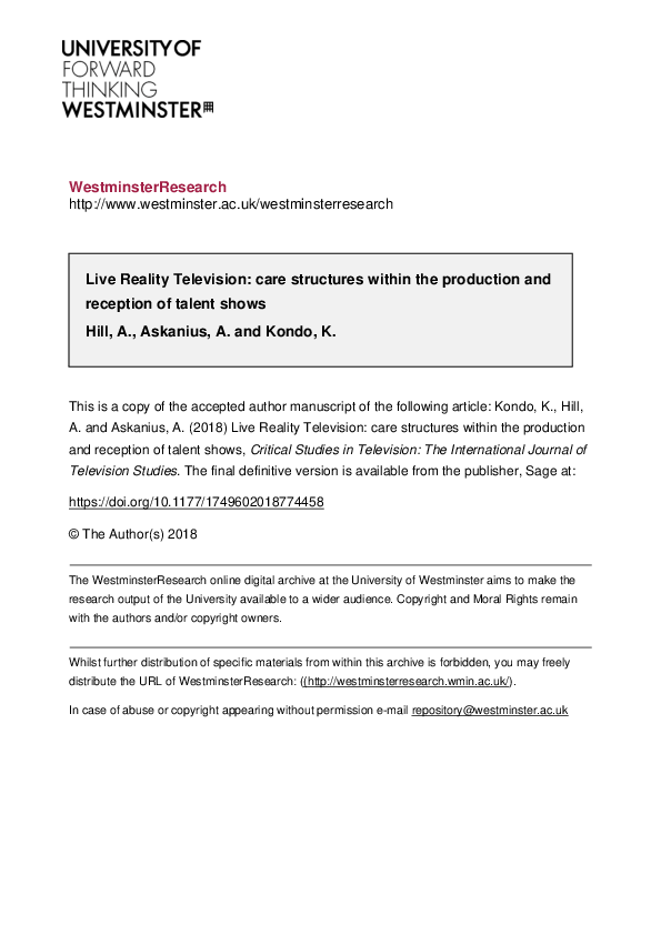 (PDF) Live reality television: Care structures within the production ...