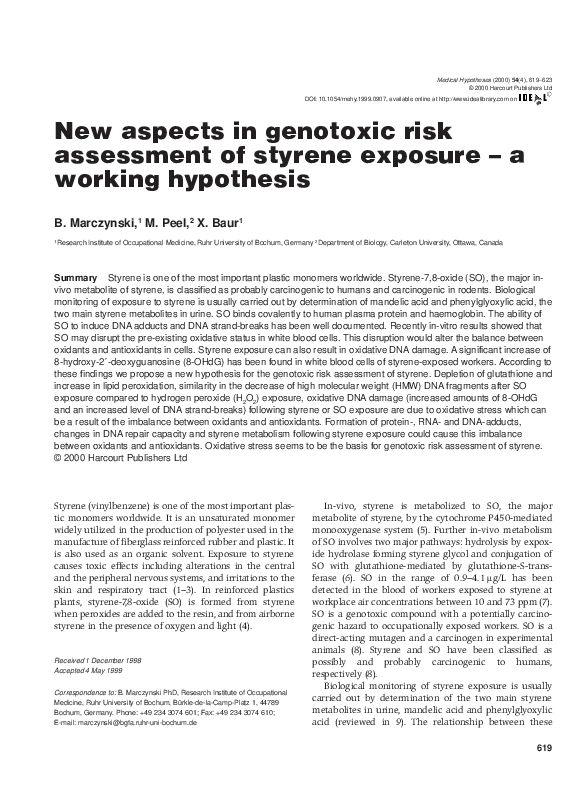 (PDF) New aspects in genotoxic risk assessment of styrene exposure – a ...