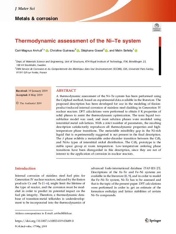 (PDF) Thermodynamic assessment of the Ni–Te system