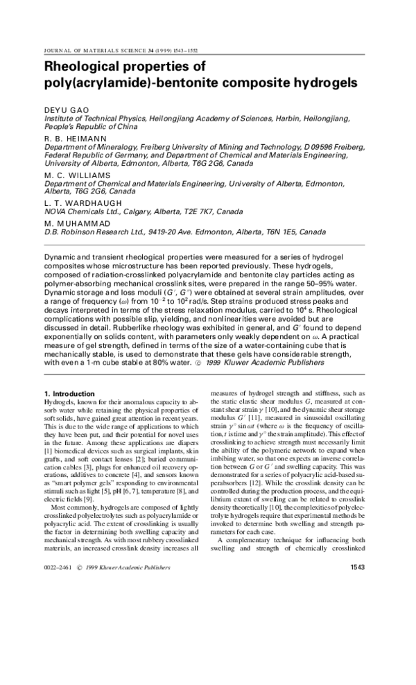 (PDF) Rheological properties of poly(acrylamide)-bentonite composite hydrogels